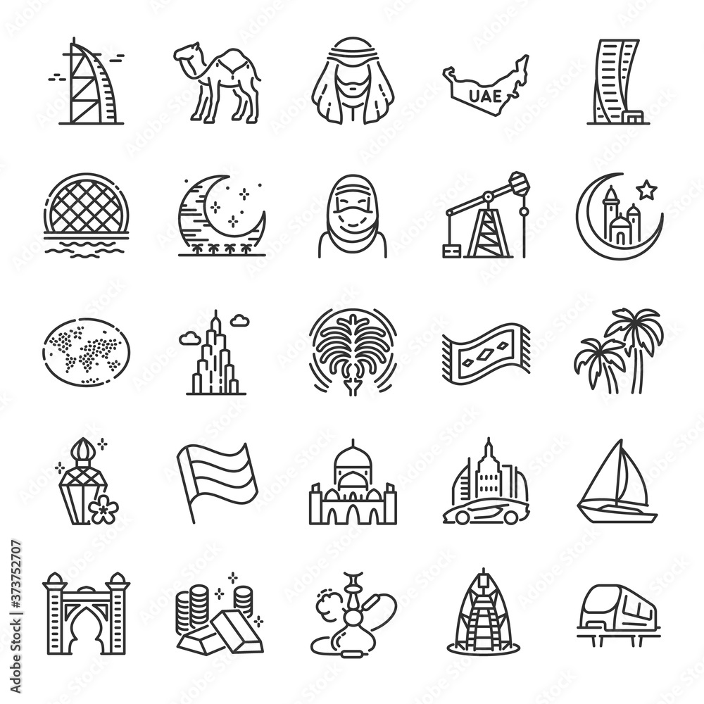 United arab emirates, icon set. Traditions, landmark, clothing ...