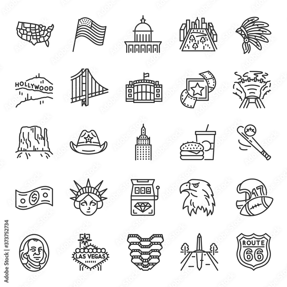 United States of America, icon set. American traditions, landmark ...
