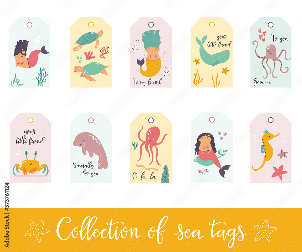 Set of gift tags and labels with cute sea animals and mermaids. Stock ...