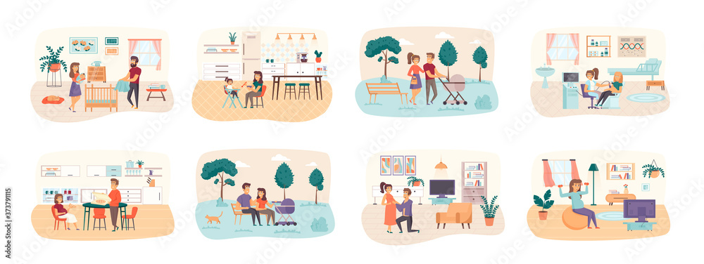 Pregnancy bundle of scenes with flat people characters. Motherhood and ...