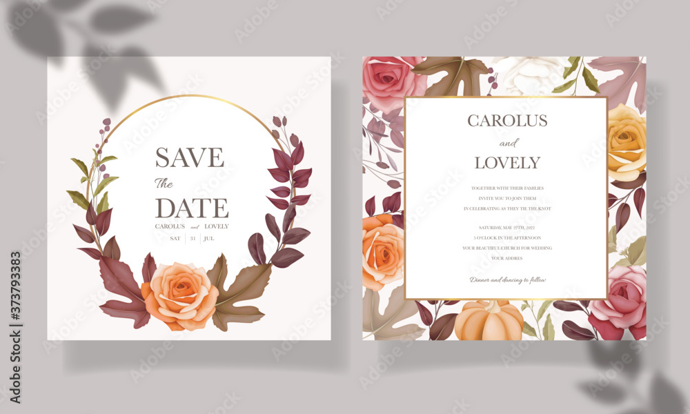 Wedding invitation beautiful hand drawing flower and leaves template ...