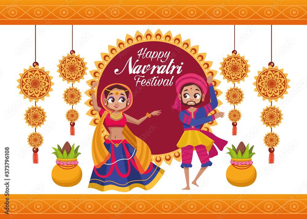 happy navratri celebration card lettering with couple dancing Stock ...
