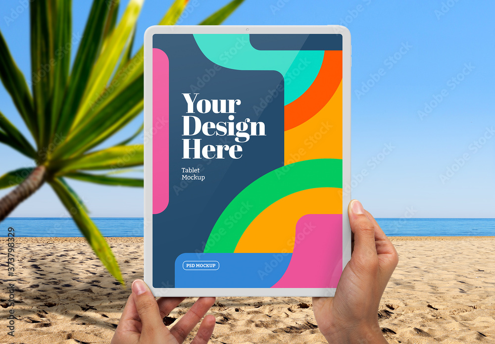 Hands Holding Tablet Beach Scene Mockup Stock Template | Adobe Stock