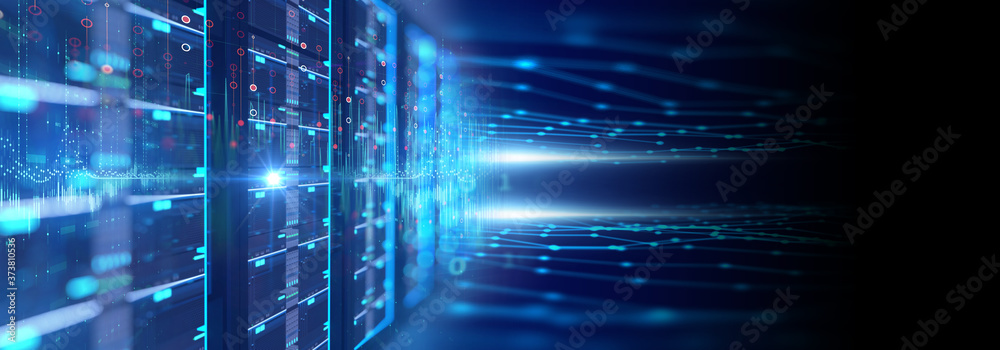 server room with server racks in datacenter banner. 3d illustration ...