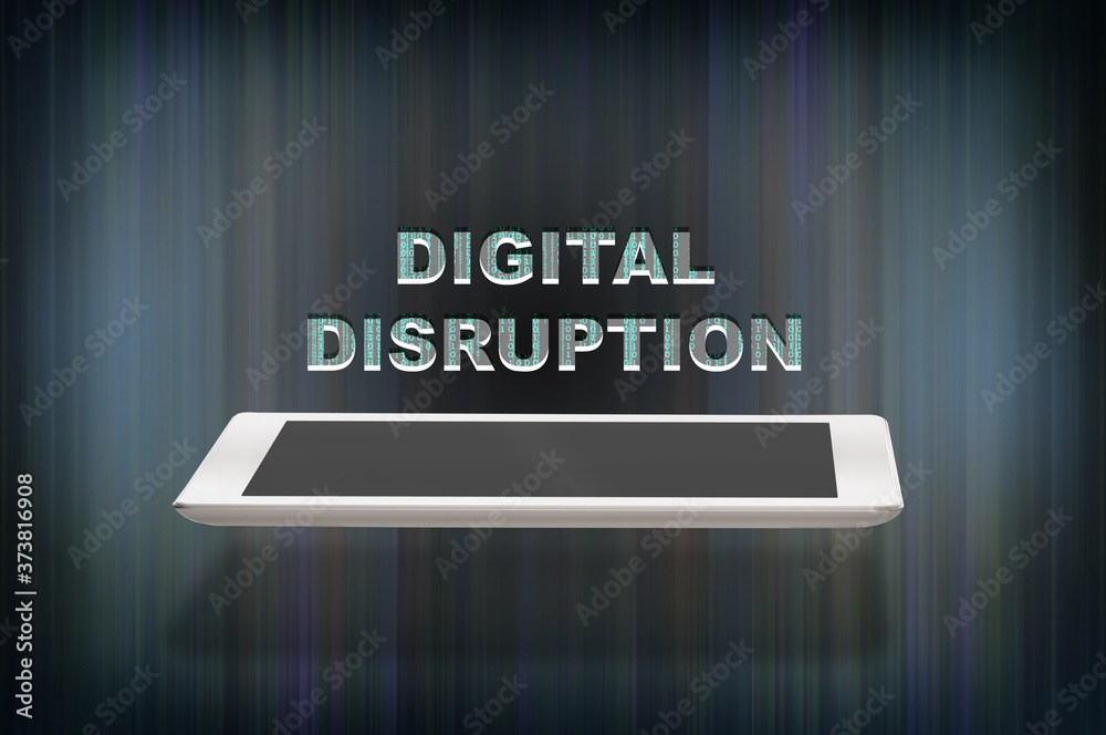 Digital disruption words with pattern of green binary code decimal on ...
