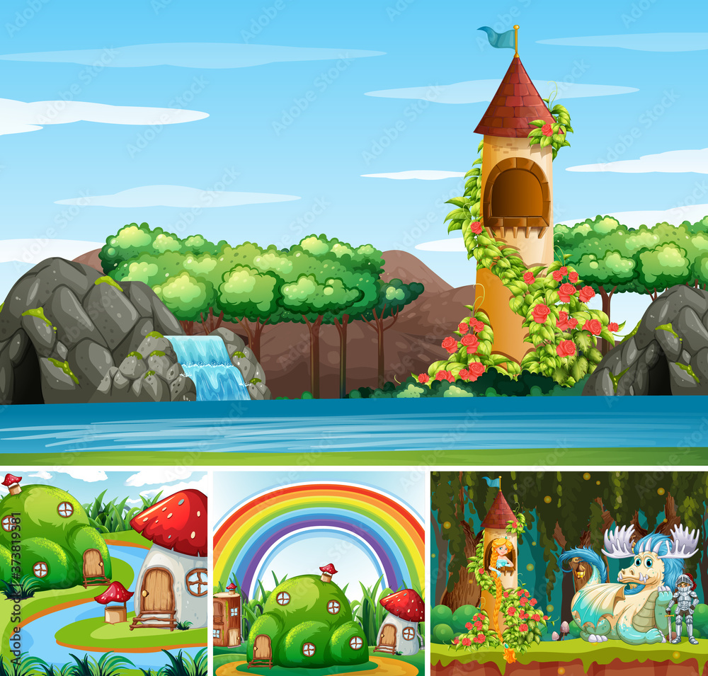 Four different scene of fantasy world with fantasy places and fantasy ...