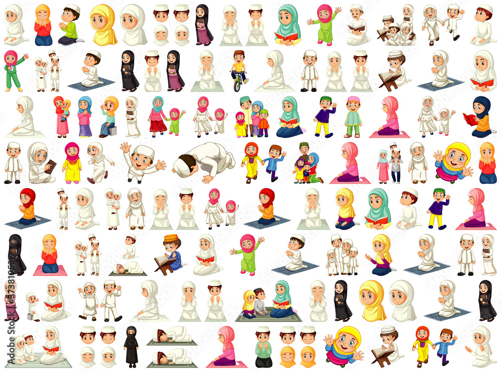 Set of different muslim people cartoon character isolated on white ...