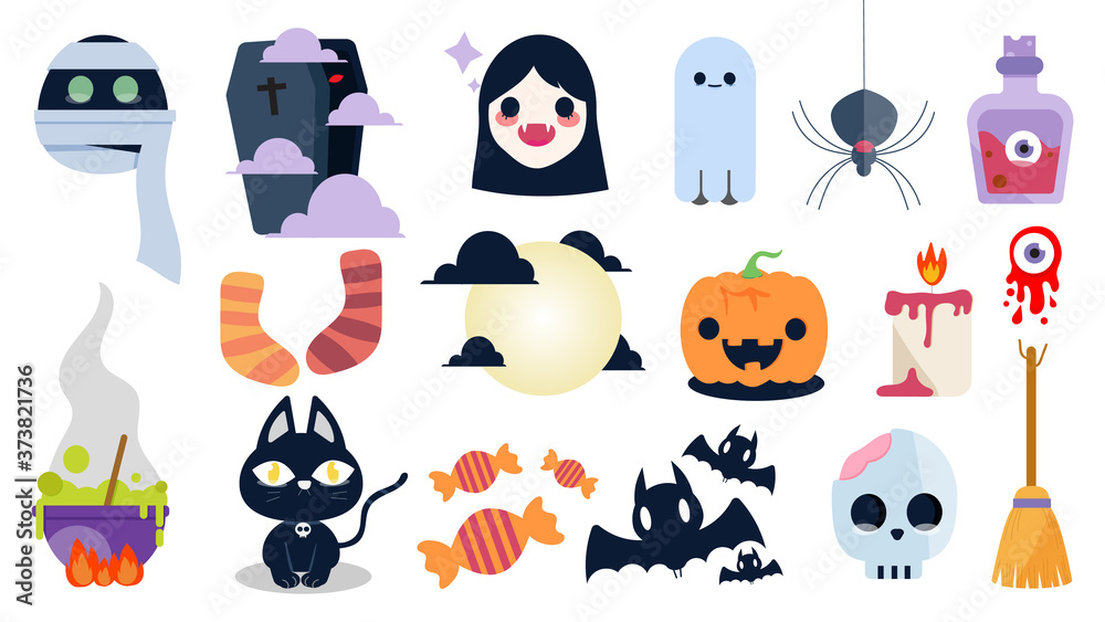 Cute and funny Halloween vector set. Quirky fun cartoon characters of ...
