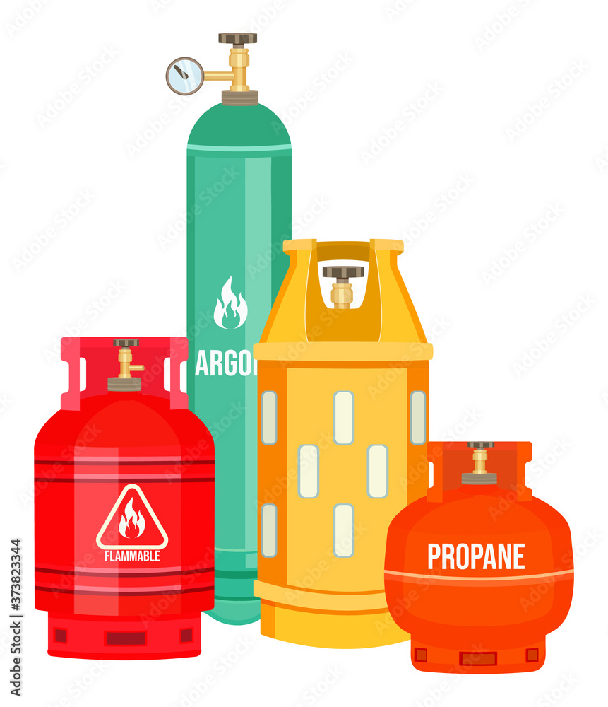 Collection of cartoon vector icons. Gas cylinder, balloon with gas ...