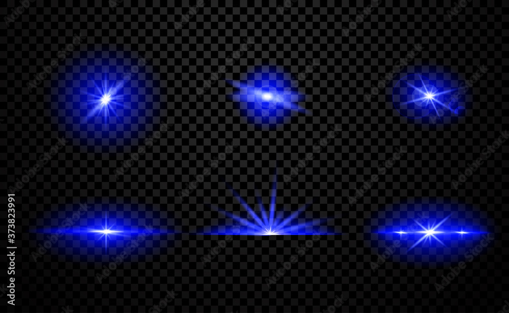 Collection of six different blue light effects with beams and bursts ...