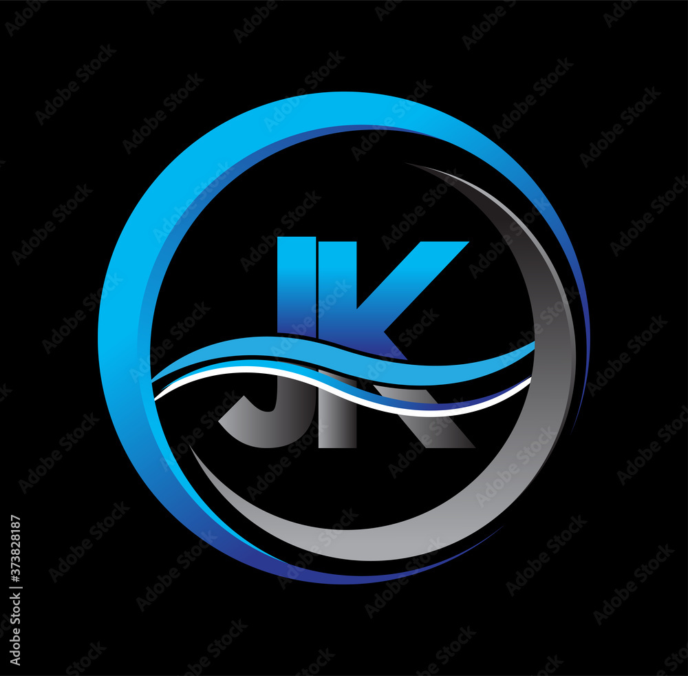 initial letter logo JK company name blue and grey color on circle and swoosh design. vector ...