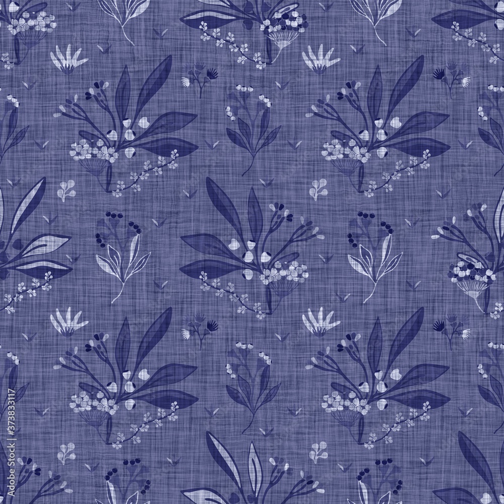 Indigo blue flower block print dyed linen texture background. Seamless ...