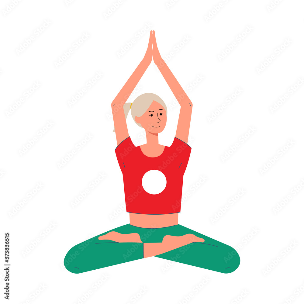 Cartoon woman sitting in yoga meditation pose with crossed legs Stock ...