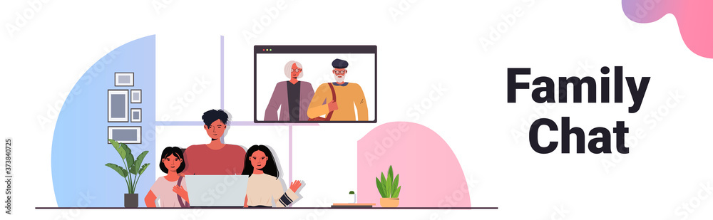 father and children having virtual meeting with grandparents in web ...