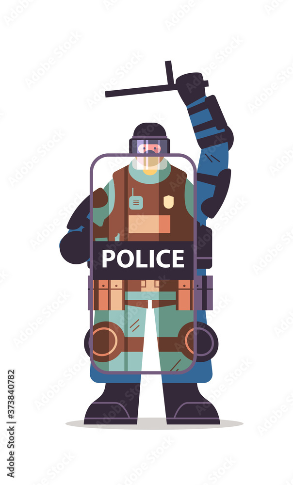 policeman in full tactical gear holding shield and baton riot police ...