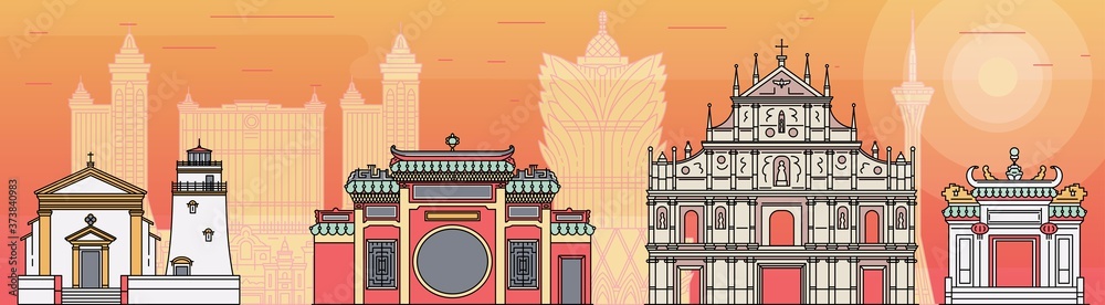 Macau landmarks background or banner template sketch cartoon vector ...