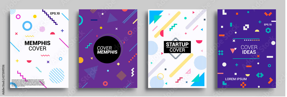 Memphis Style Poster Set. Halftone and geometric shapes patterns. Flat ...