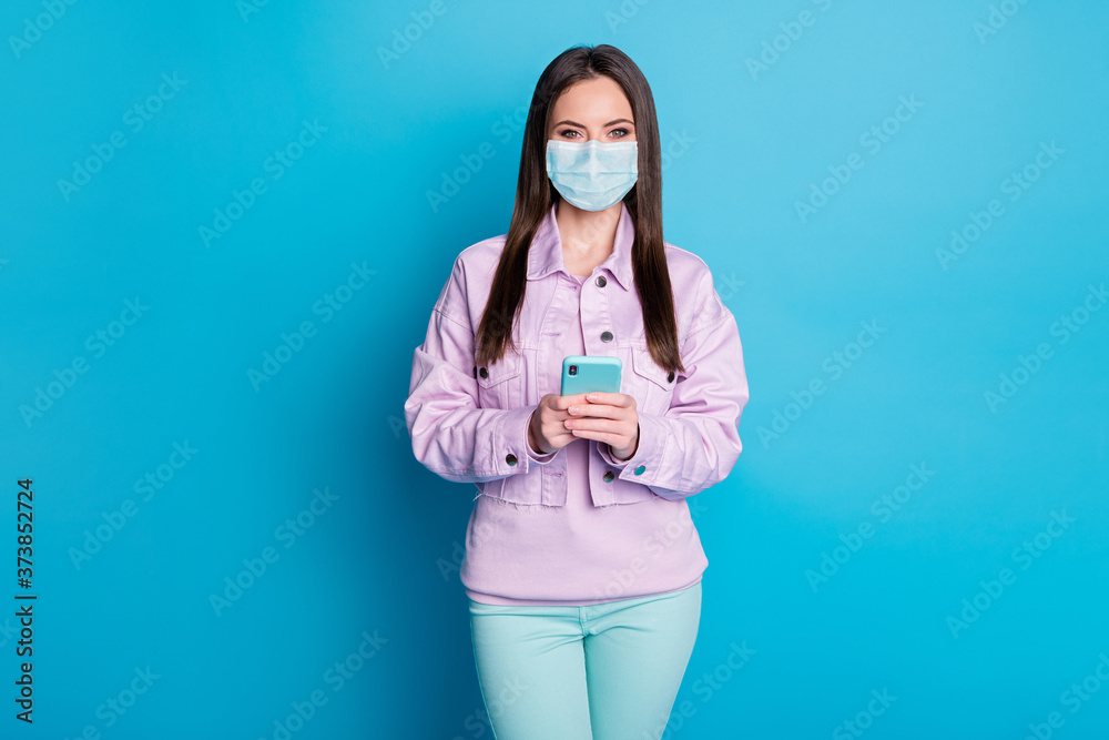 Portrait of her she nice attractive girl wearing gauze safety mask ...