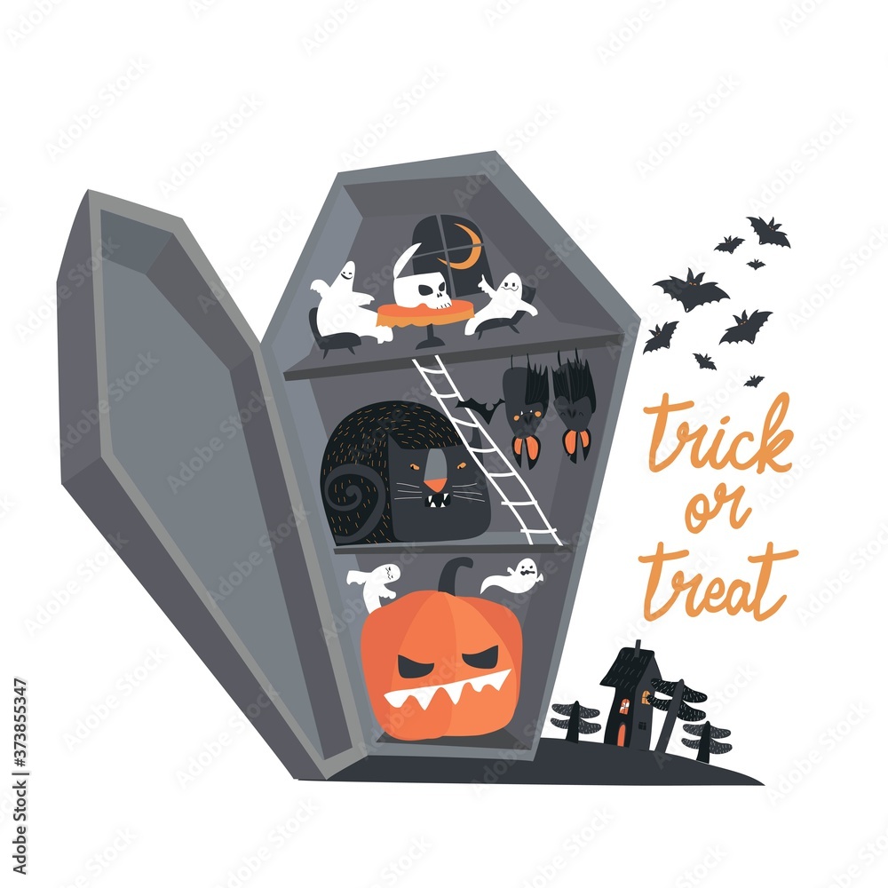 Cartoon illustration with coffin and halloween elements Stock Vector ...
