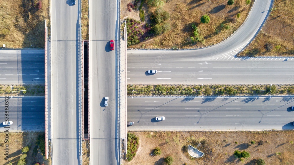 Aerial view of two lane bridge driveway. There is an inner ring road at ...