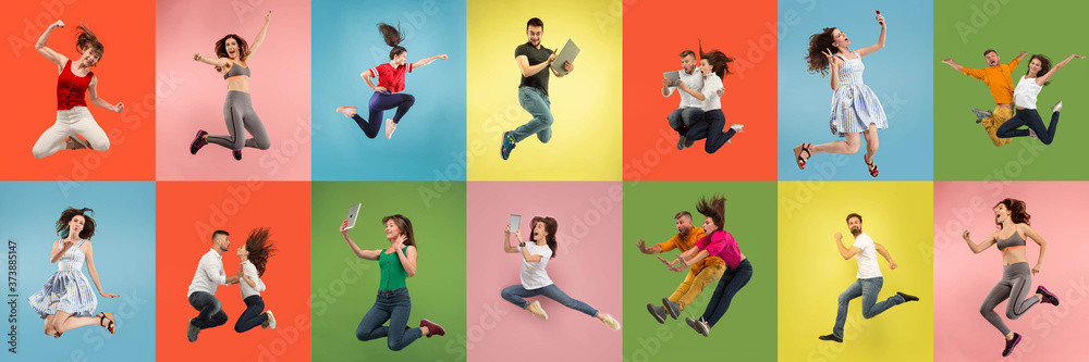 Collage of portraits of 8 young jumping people on multicolored ...