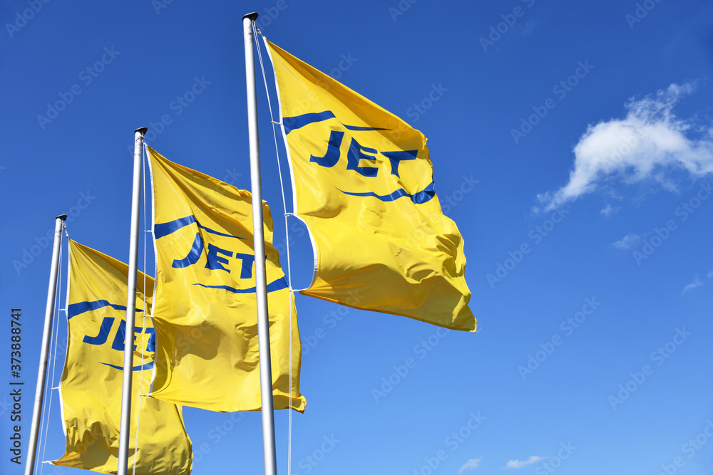 Bayreuth, Bavaria / Germany - May 21, 2018: Flags with the Jet logo in ...