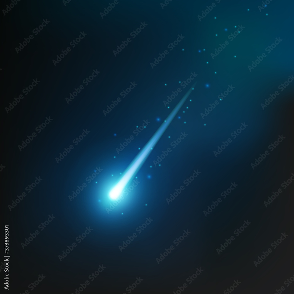 Comet shooting effect and glowing asteroids, stars at night sky. Blue ...