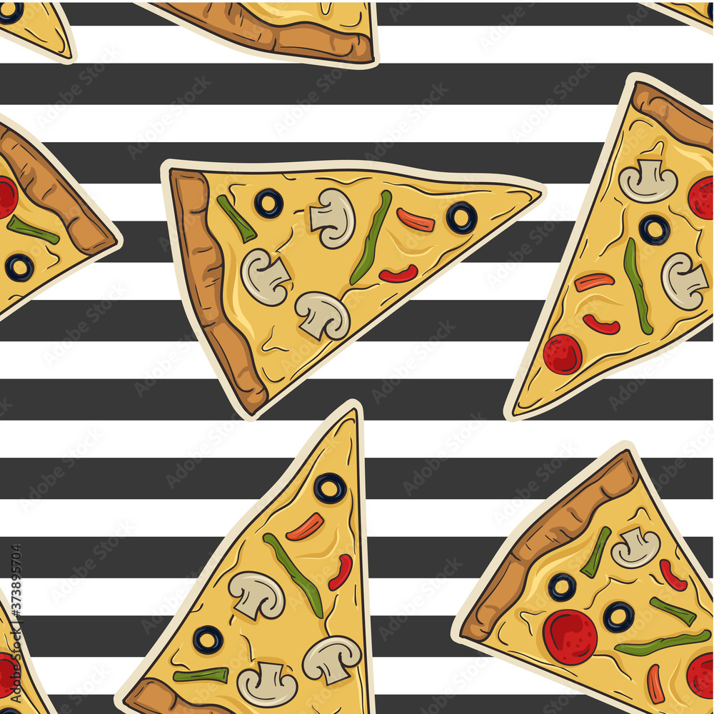 Pizza pattern in comic cartoon style with stroke. Bright food pattern ...