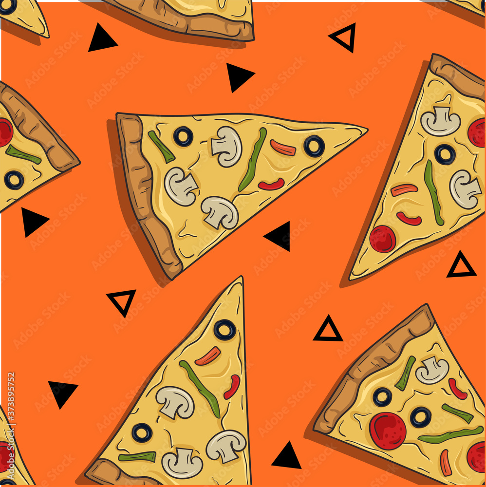 Pizza pattern in comic cartoon style with stroke. Bright food pattern ...