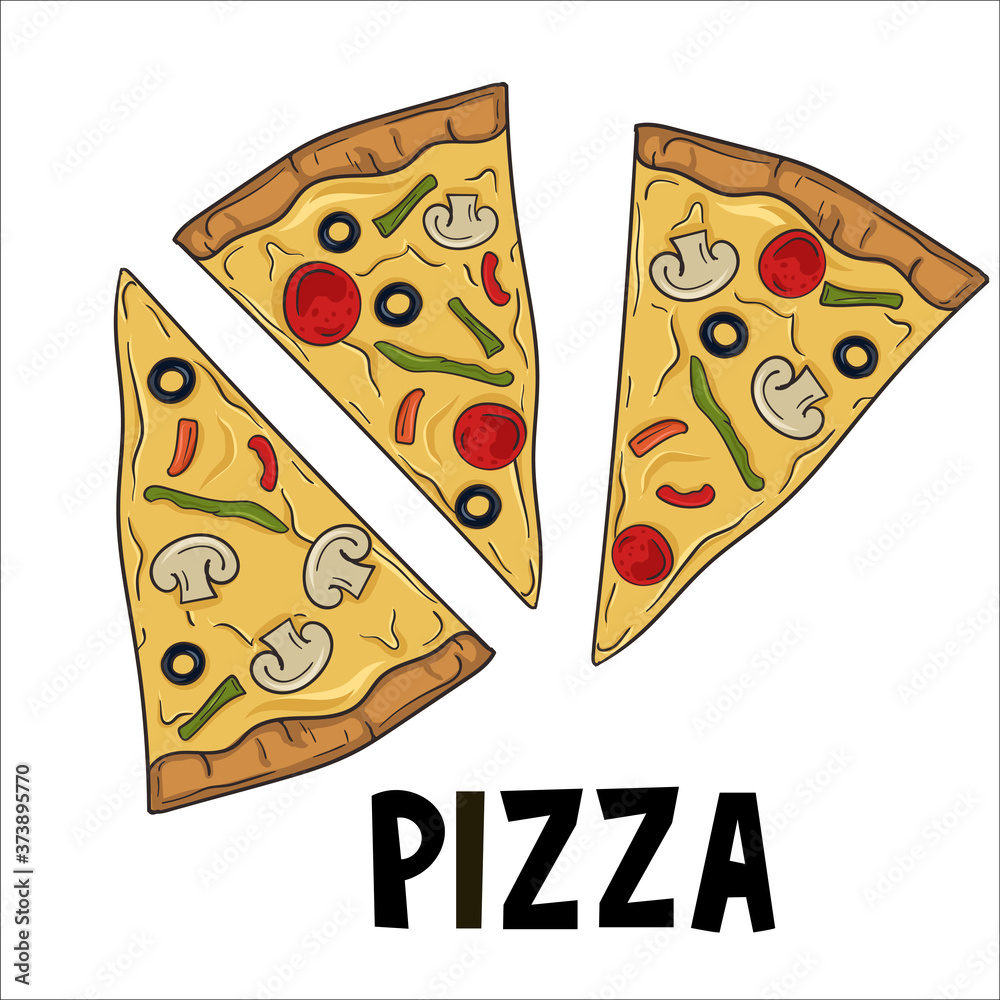 Cartoon hand drawn pizza on white background in comic style full ...