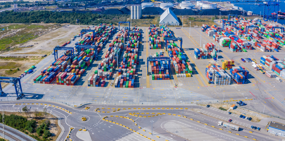 Container ship loading at port with crane, container ship carrying ...