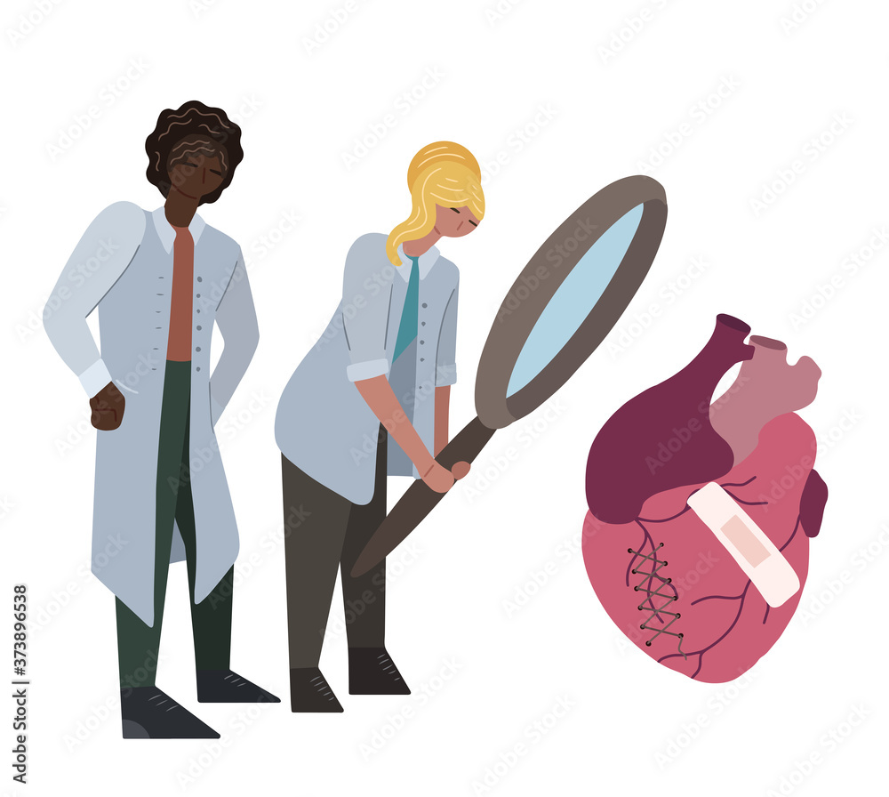 Flat illustration of a couple of international doctors studying the ill ...