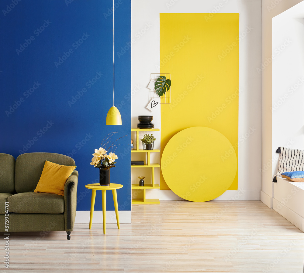 Modern home, blue and yellow wall background, home decoration style ...