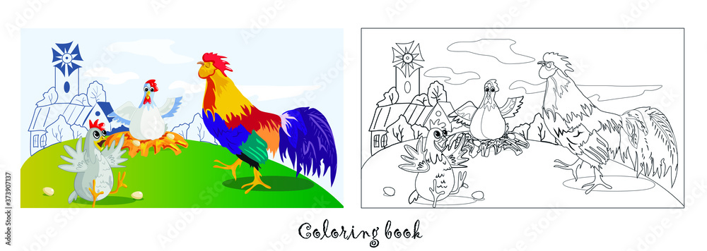 Coloring book. Cartoon vector illustration rooster and hens in the ...