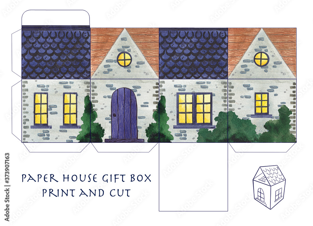 Hand drawn watercolor paper house template for home decor. Cute gift ...