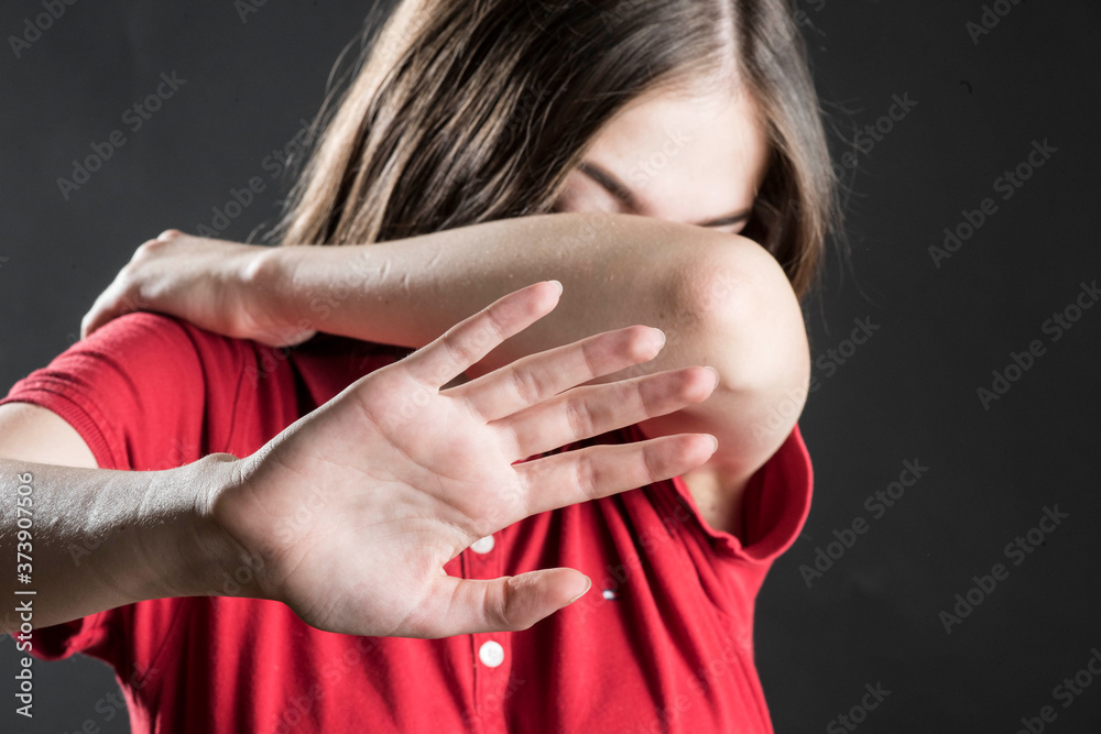 violence against women, teen girl in defense position Stock Photo ...