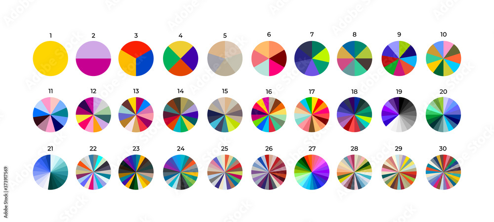 Set of segmented circles. Various number 0-30 of sectors divide the ...