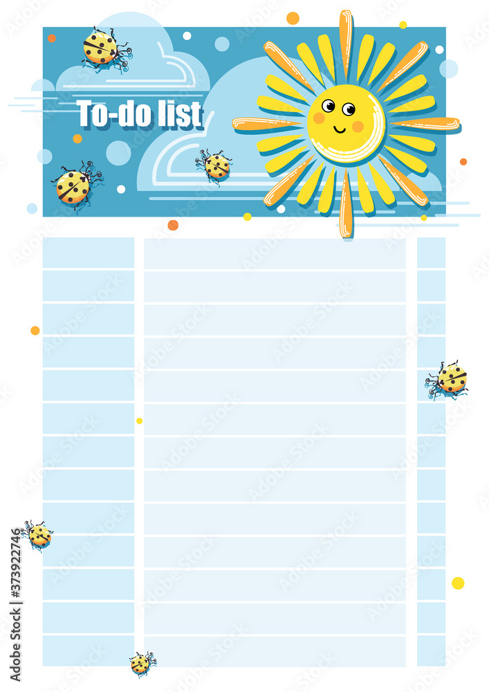 To do list. Cartoon sun, ladybugs. Template design for childrens ...