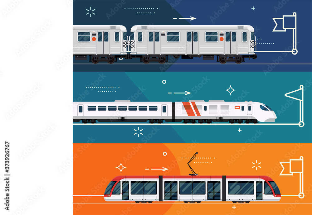 Set of railway transport horizontal banner templates with subway train ...