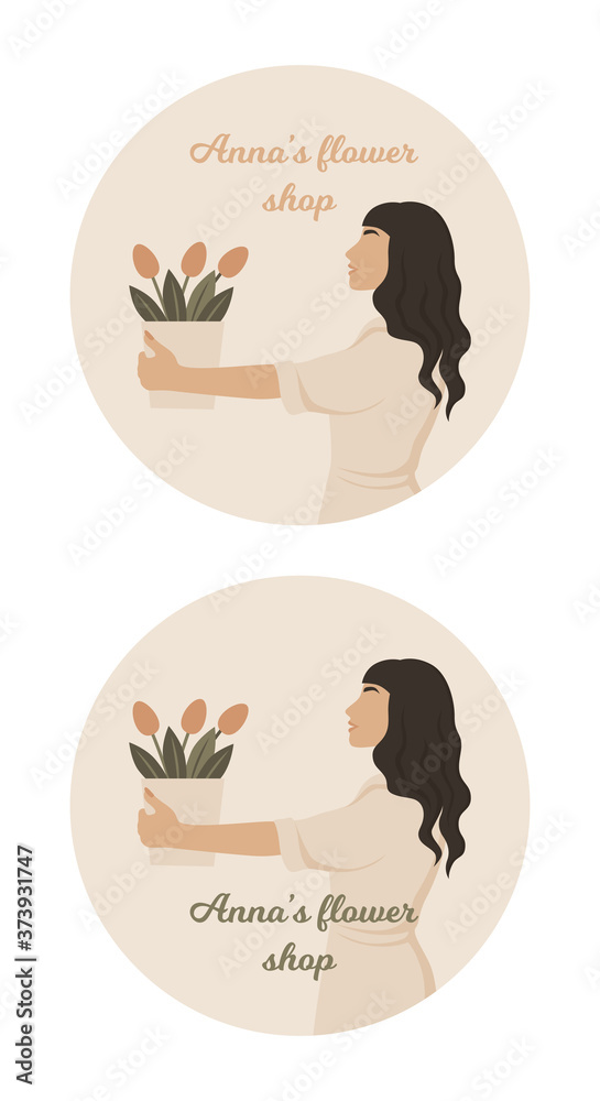 Flower shop business logo, profile woman face portarait with flowers ...