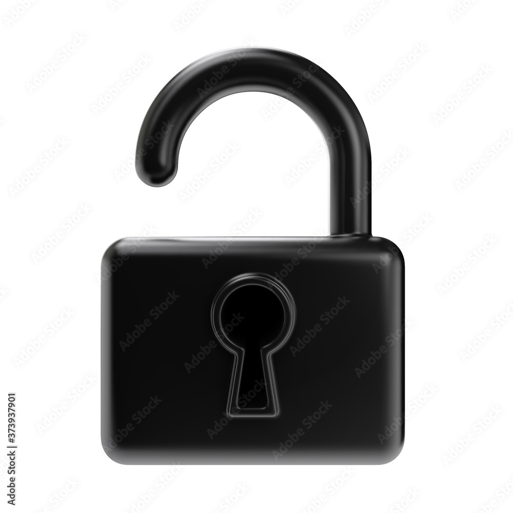 Icon of black reflective unlocked padlock in frontal view without ...