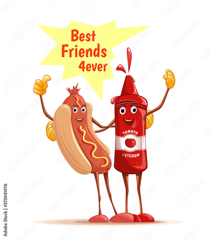 Cartoon hotdog and tomato ketchup cuddling. Best friends forever. Best ...