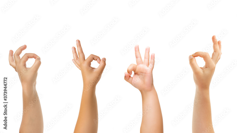 Nice sign. Kids hands gesturing isolated on white studio background ...