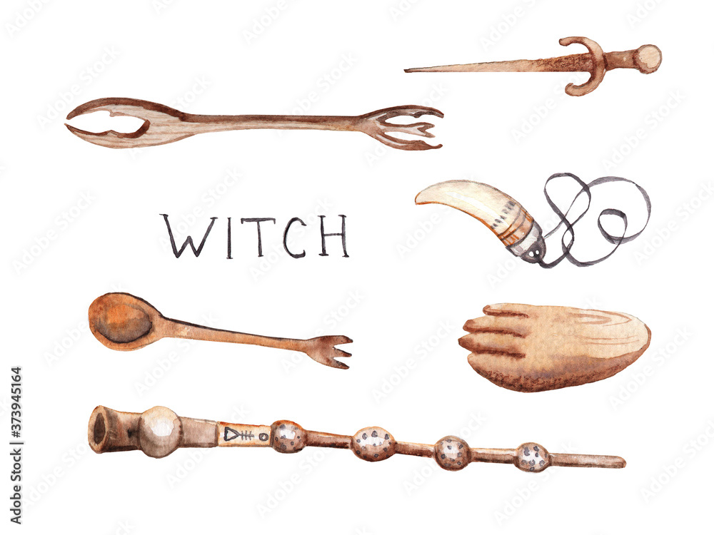 watercolor drawings - a set of witch tricks, witch sticks Stock ...