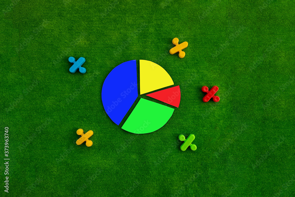 Multi-colored circle divided into parts, percentage sign on a green ...