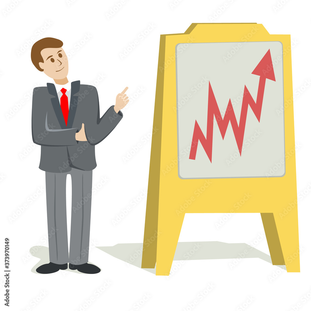 Cartoon businessman with pointer stick presentation chart vector ...