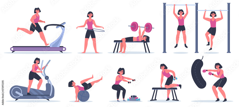 Women at gym. Female sport fitness character, workout girl run, pull up ...
