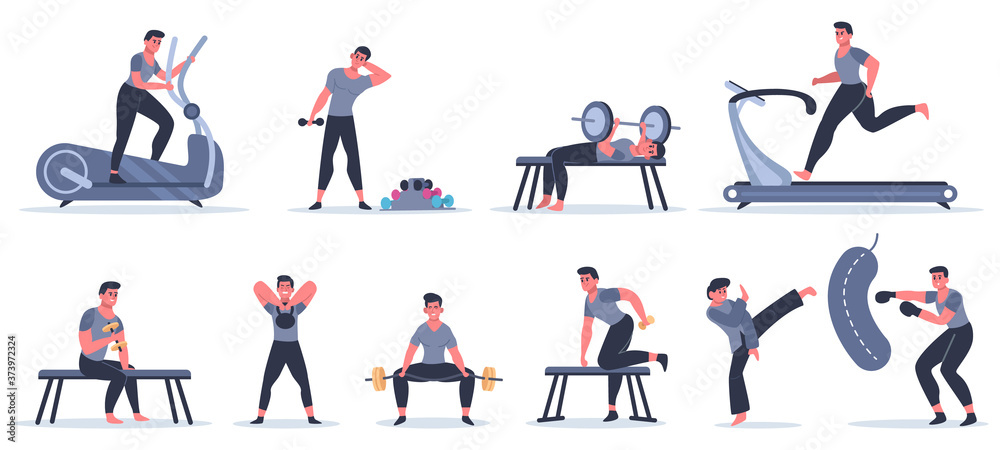 Men at sport gym. Male fitness character run, pull up, work with ...