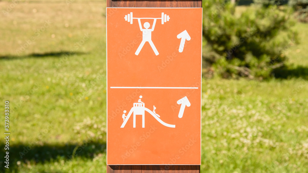 Road sign for people in the park, Information plate for lowering the ...
