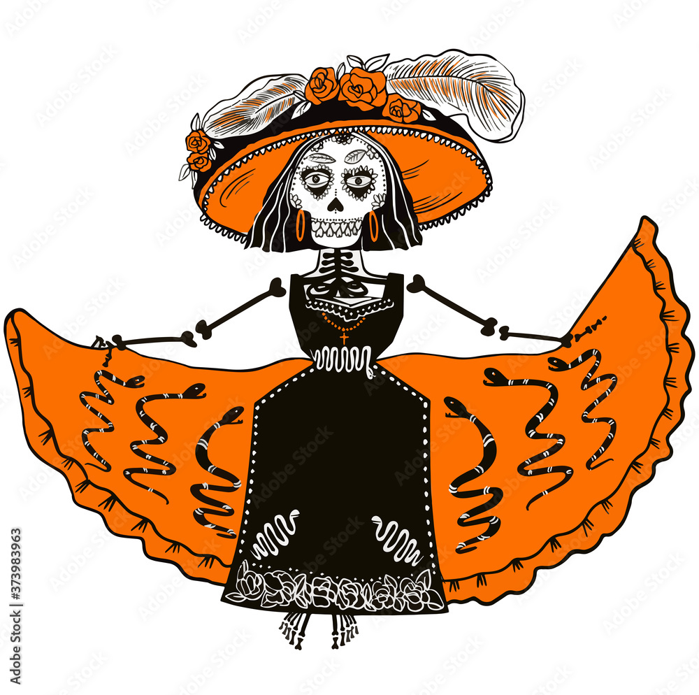 Halloween, Beautiful skeleton girl in hat and dress greeting card la ...